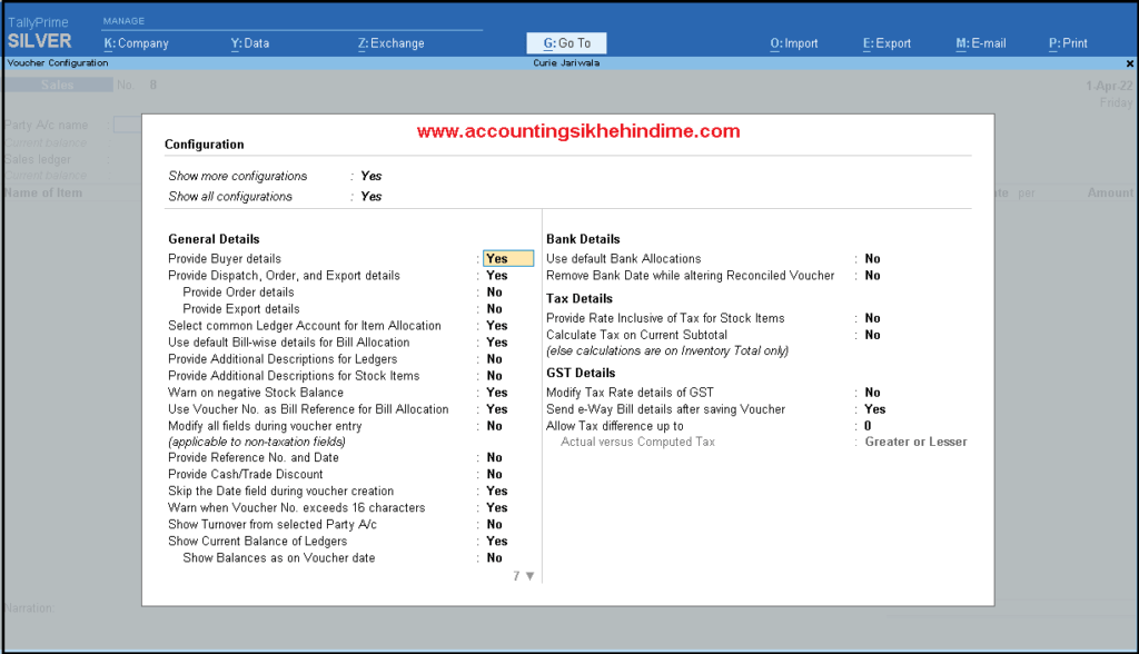 Sales Invoice Configuration In Tally Prime In Hindi Accounting 